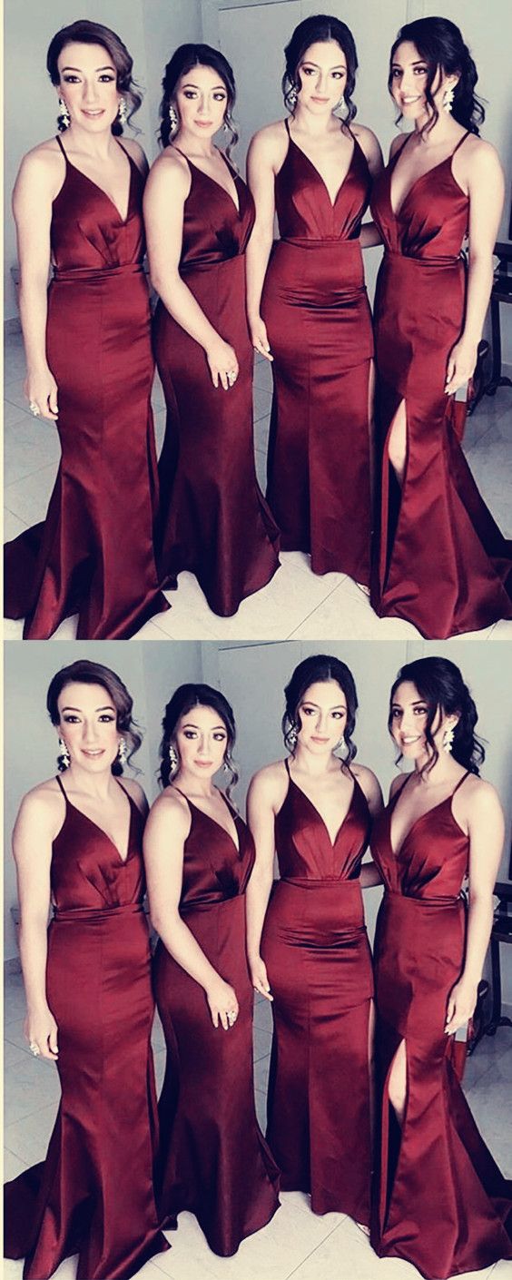 Sexy V-Neck Long Satin Mermaid Split Bridesmaid Dresses Open Back on Luulla
