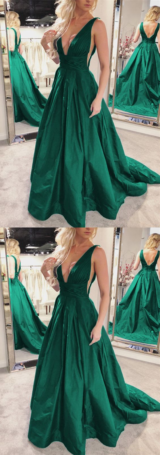 Sexy Plunge V-neck Long Taffeta Green Prom Dresses on Luulla